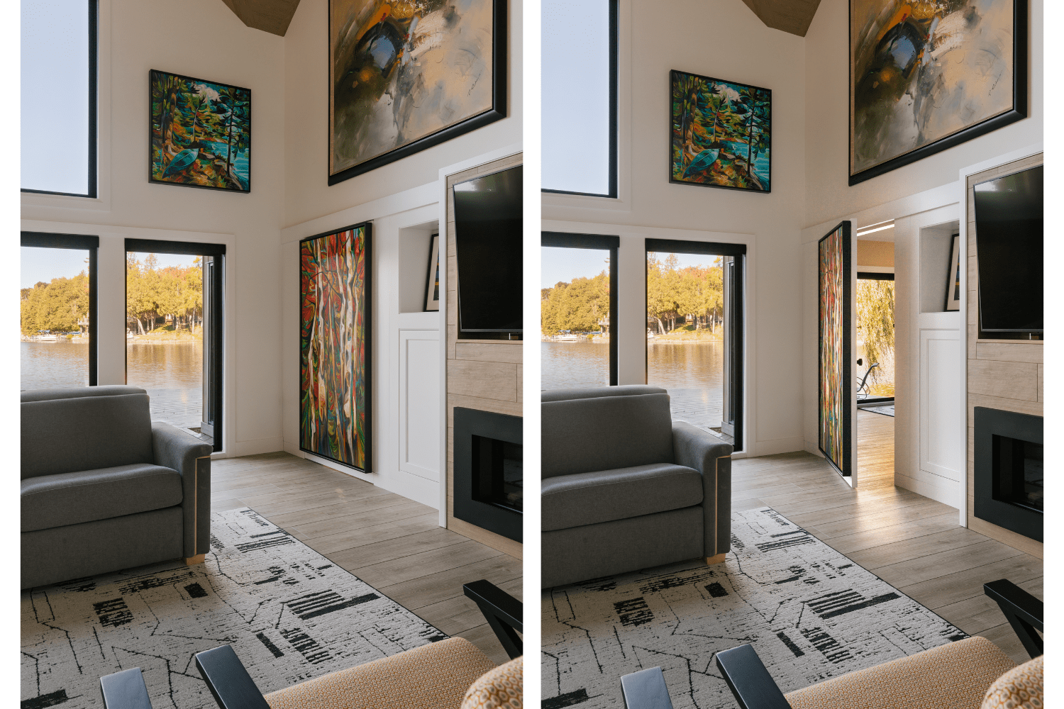 Modern Living Room Design with Fireplace Wall Secret Door - Chervin ...