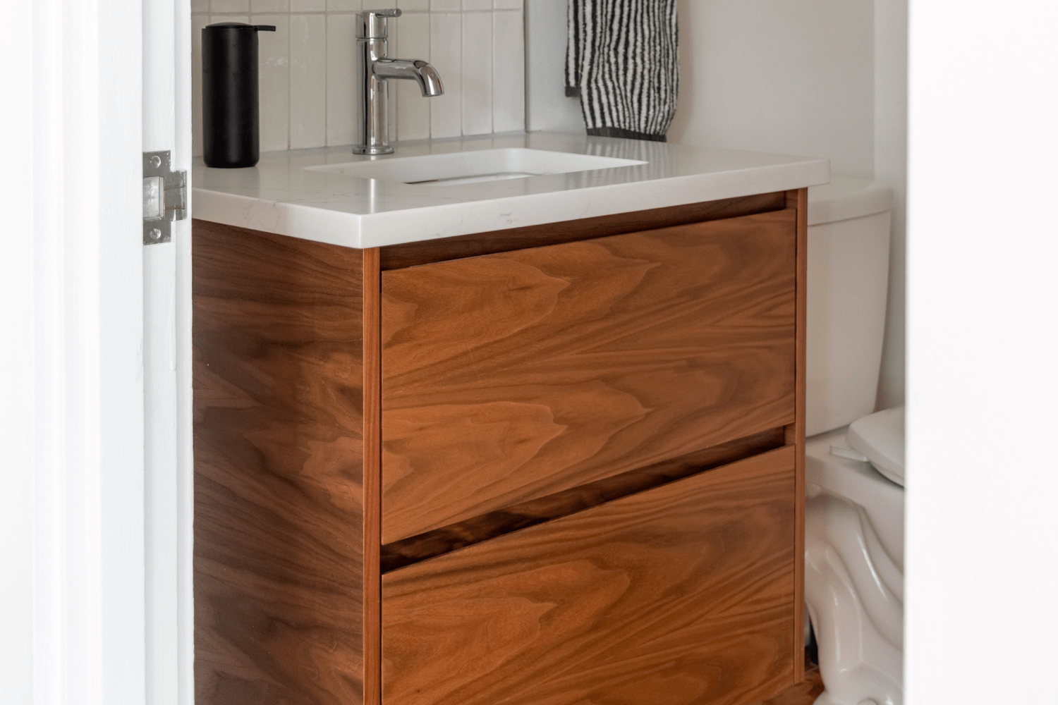 Mid-Century Modern Powder Room with Vertical Grain Walnut Vanity and ...