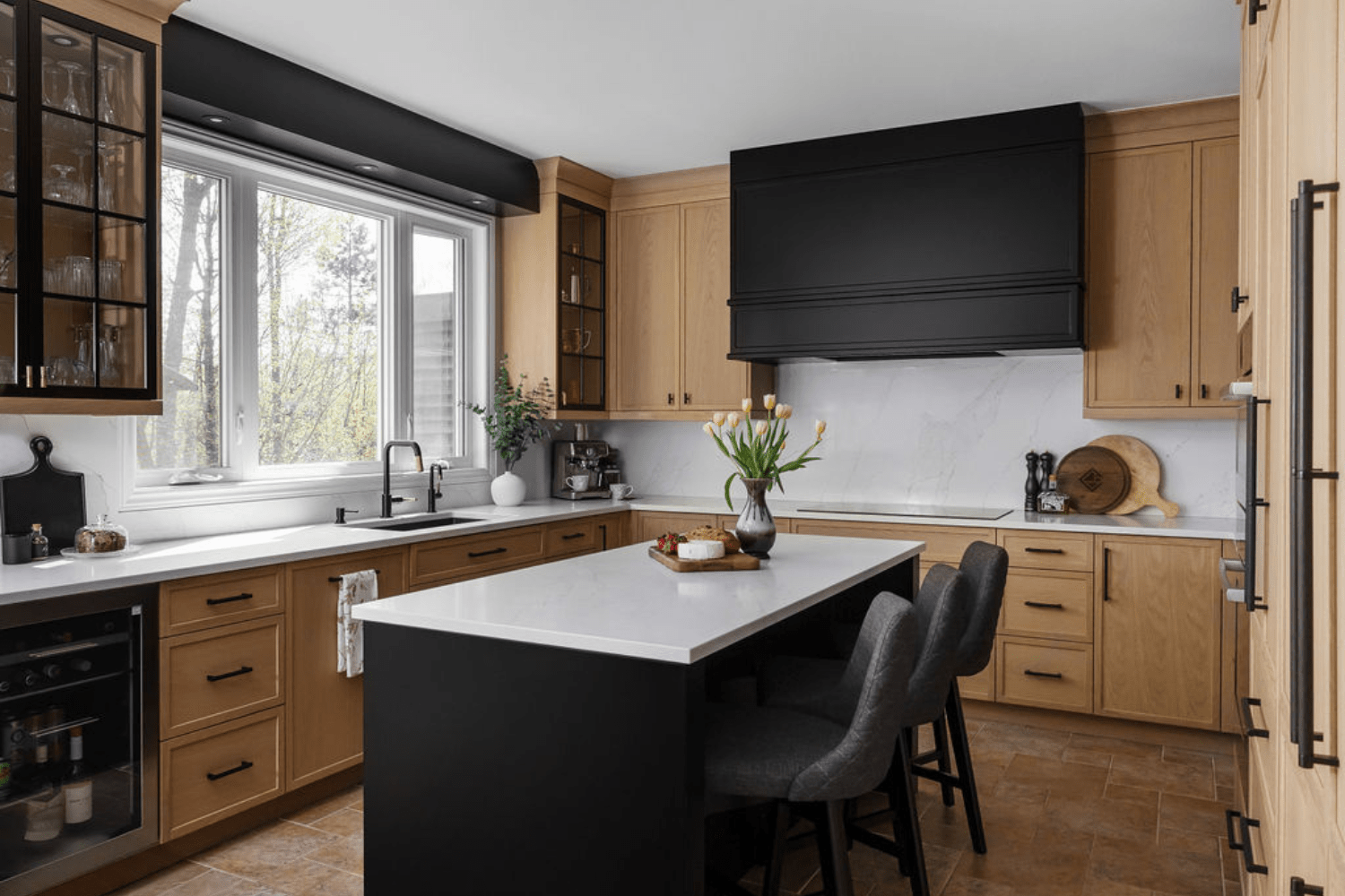 Transitional White Oak and Black Kitchen Design with Glass Cabinet ...