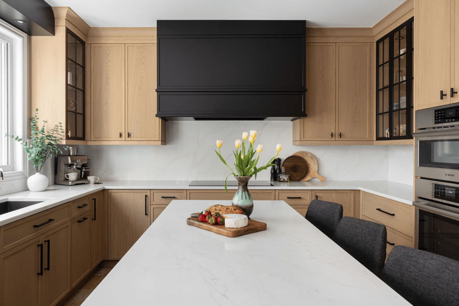 Transitional White Oak and Black Kitchen Design with Glass Cabinet ...