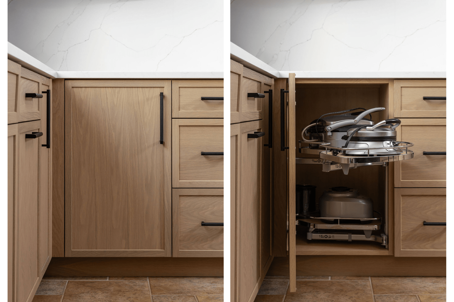 Transitional White Oak and Black Kitchen Design with Glass Cabinet ...